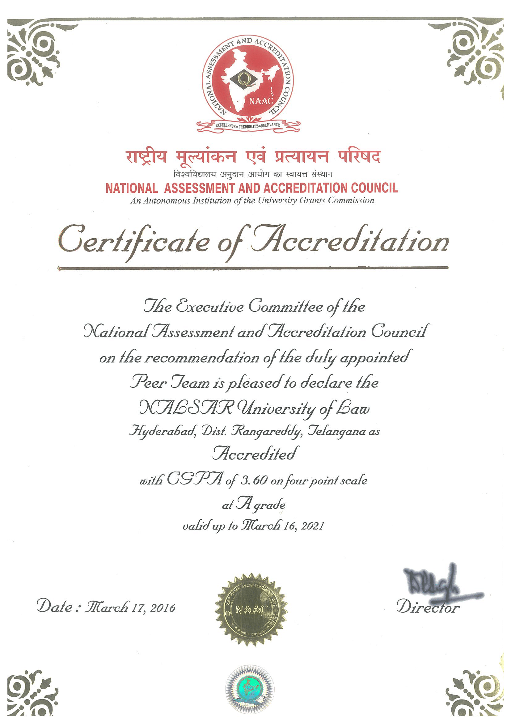 NAAC Accreditation | NALSAR UNIVERSITY OF LAW